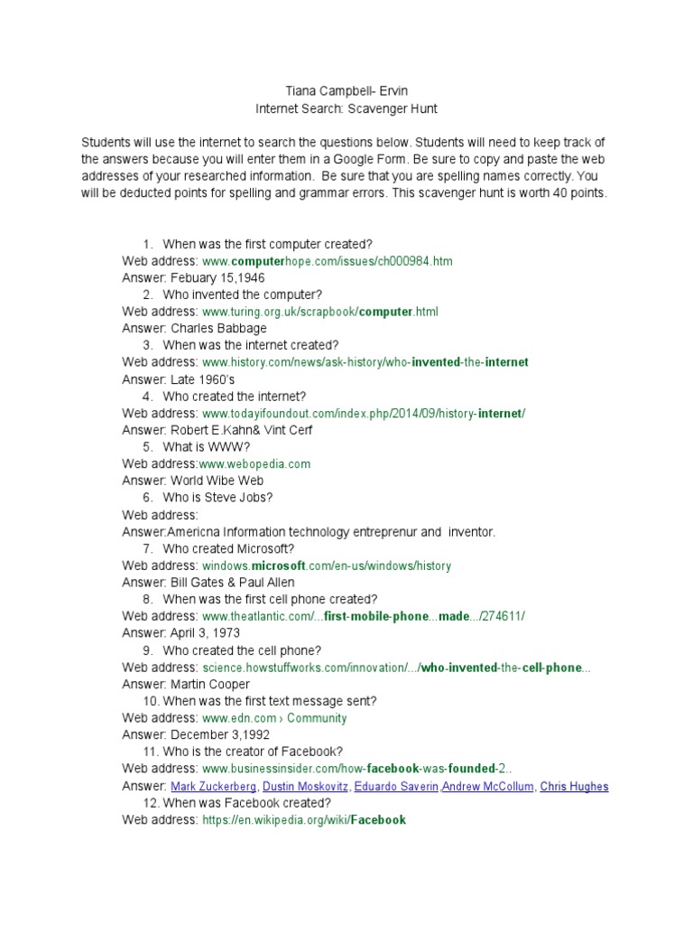 Internet Search Scavenger Hunt Guide | PDF | Web Search Engine | World ...
