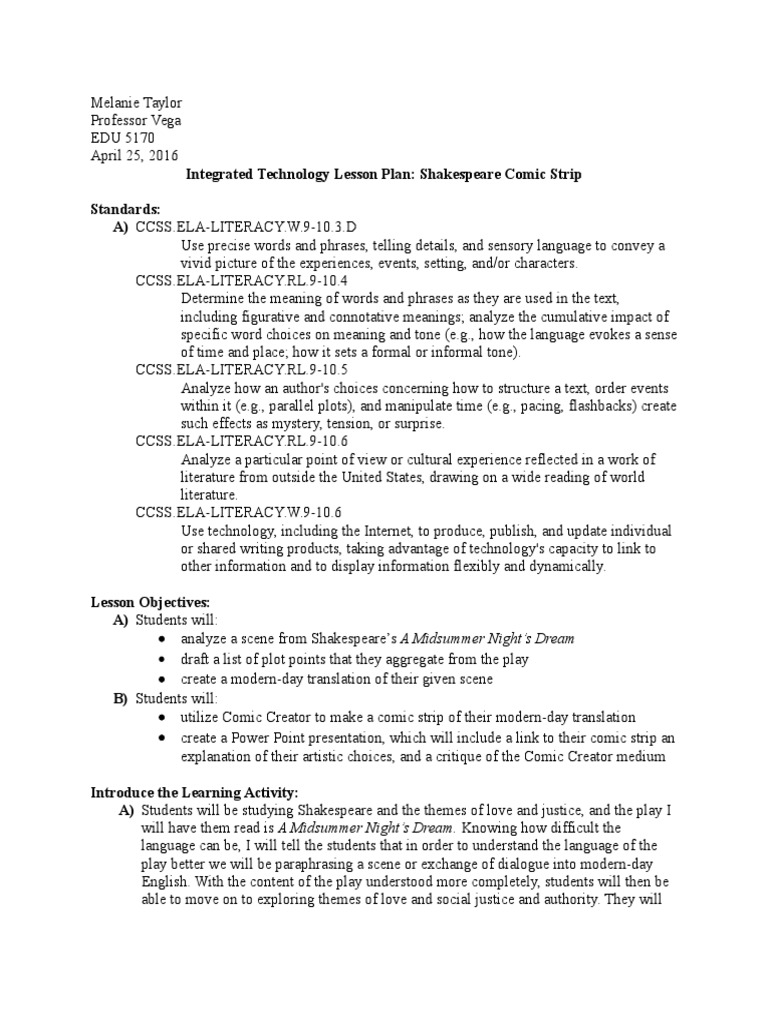 Ed Tech Lesson Plan: Shakespeare Comic Strip | PDF | Comics | Comic Strips