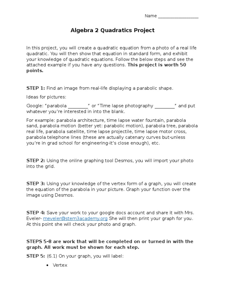Algebra 2 Quadratics Project | PDF