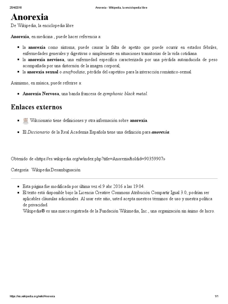 Anorexia - Wikipedia, La Enciclopedia Libre | PDF | Ciencias sociales