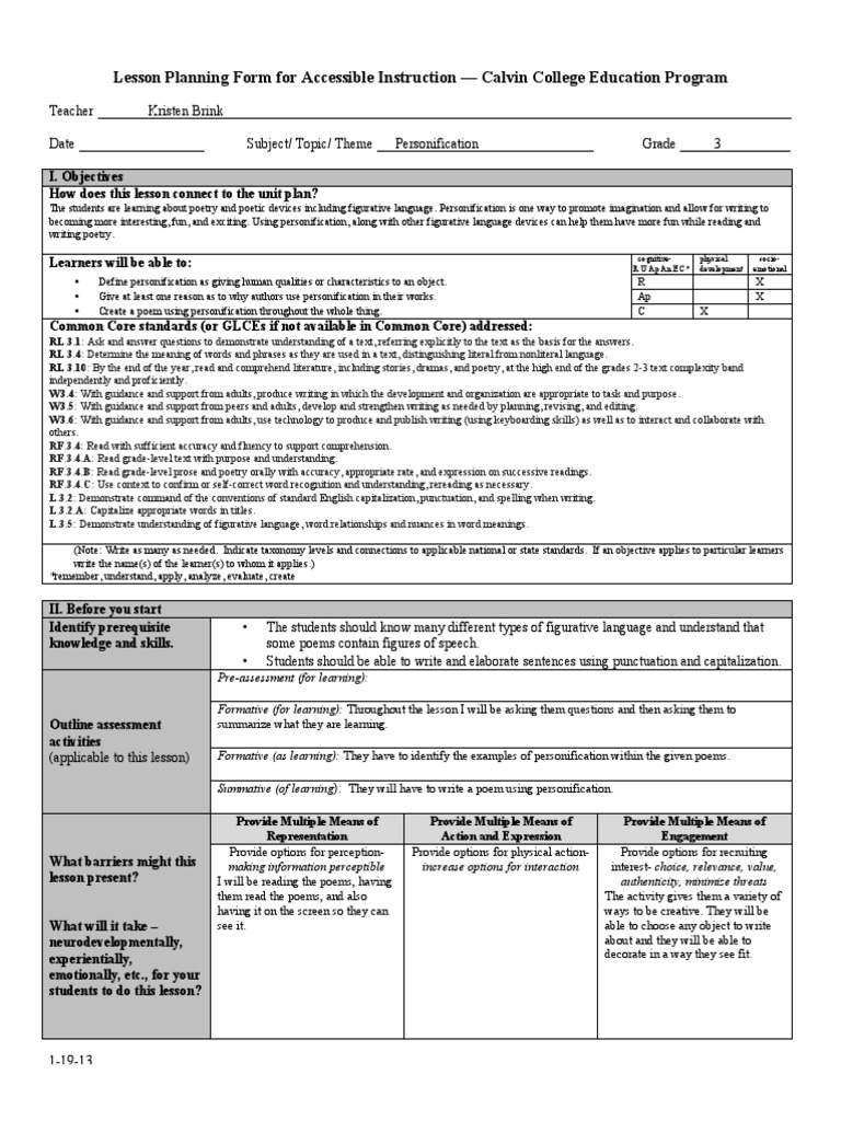 Personification Lesson Plan | PDF | Learning | Cognition