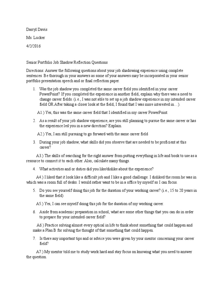 Senior Portfolio Job Shadow Reflection Questions | PDF | Thought ...