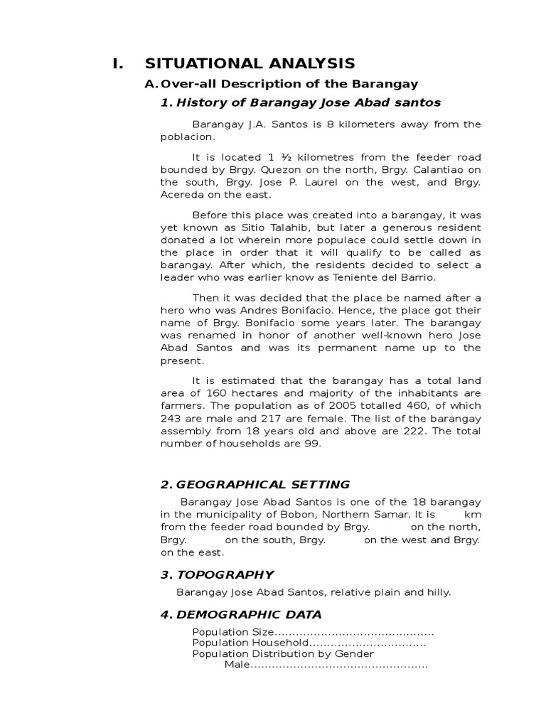I. Situational Analysis: A.Over-all Description of The Barangay | PDF ...