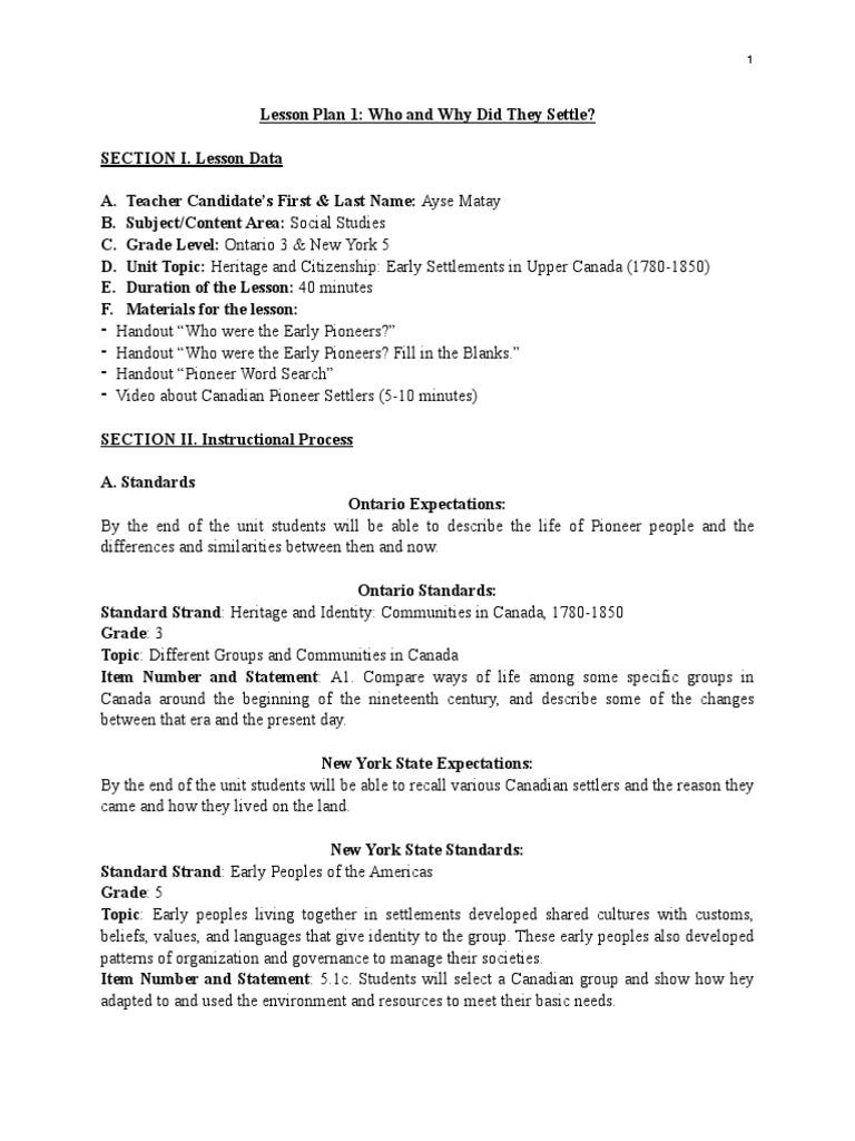 Early Canadian Settlements Lesson | PDF | Reading Comprehension | Teachers