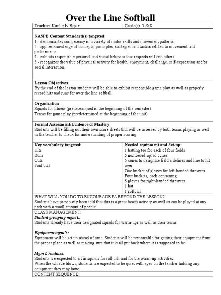 Over The Line Softball Lesson Plan | PDF | Batting (Baseball) | Softball