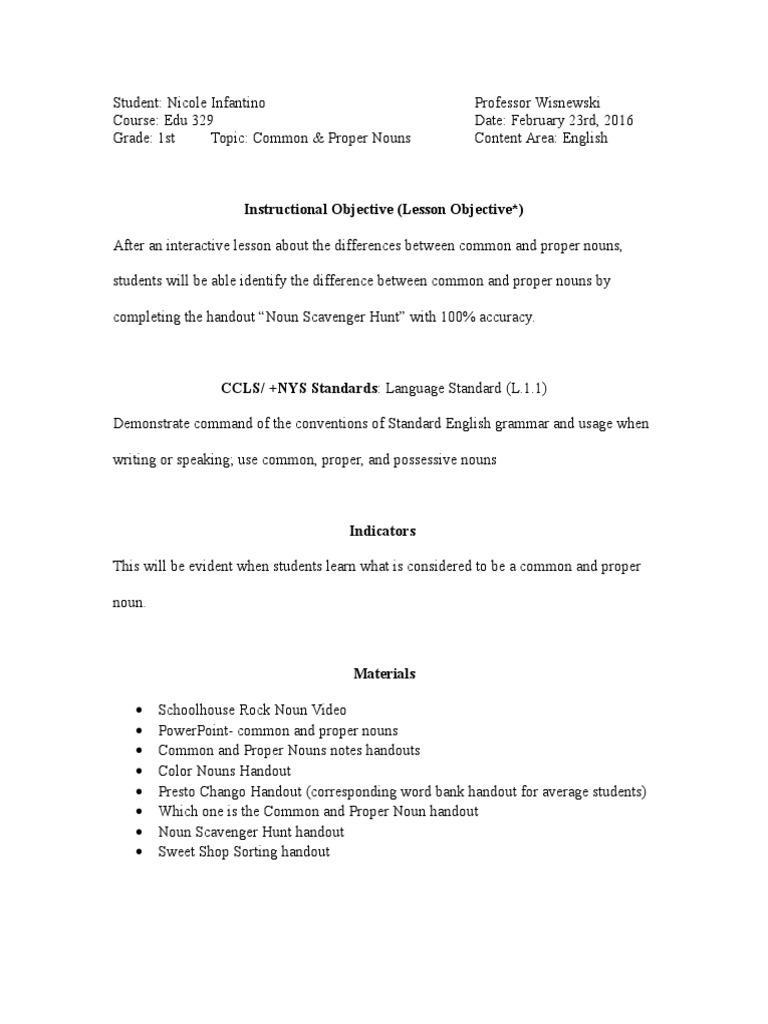 Common Nouns Lesson Plan 1 | PDF | Lesson Plan | Neuropsychological Assessment