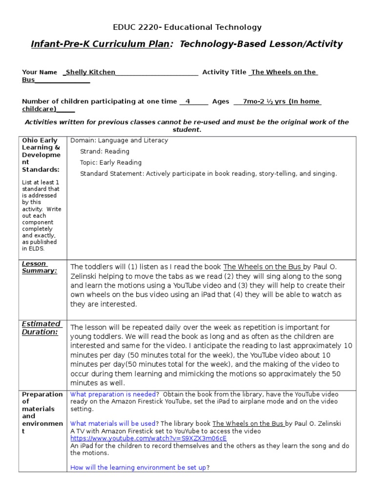 The Wheels On The Bus Lesson Plan | PDF | You Tube | Teaching