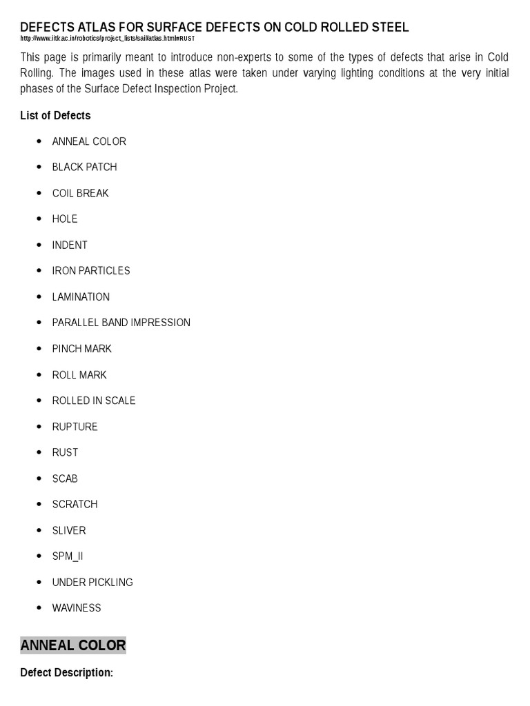 Defects Atlas For Surface Defects On Cold Rolled Steel | PDF | Rolling ...