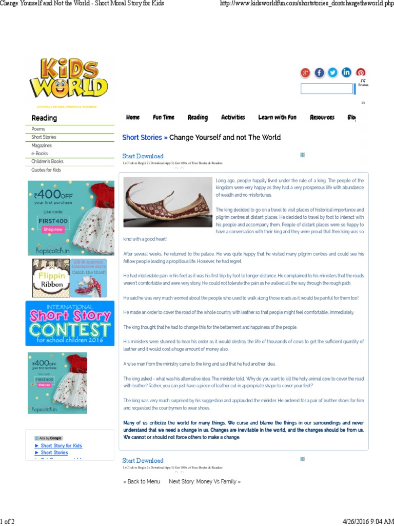Change Yourself and Not The World - Short Moral Story For Kids | PDF