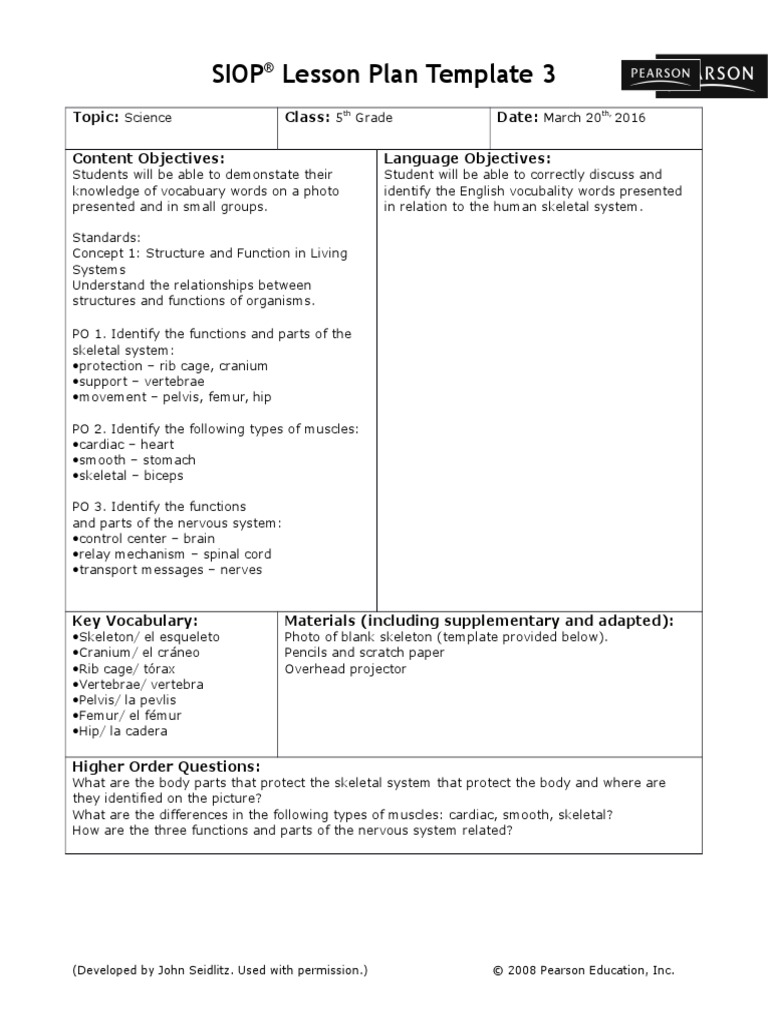 Siop Lesson Plan | PDF | Skeleton | Lesson Plan