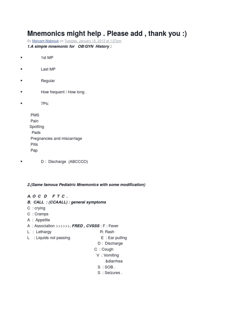 Mnemonics Might Help - Please Add, Thank You:) : 1.A Simple Mnemonic ...