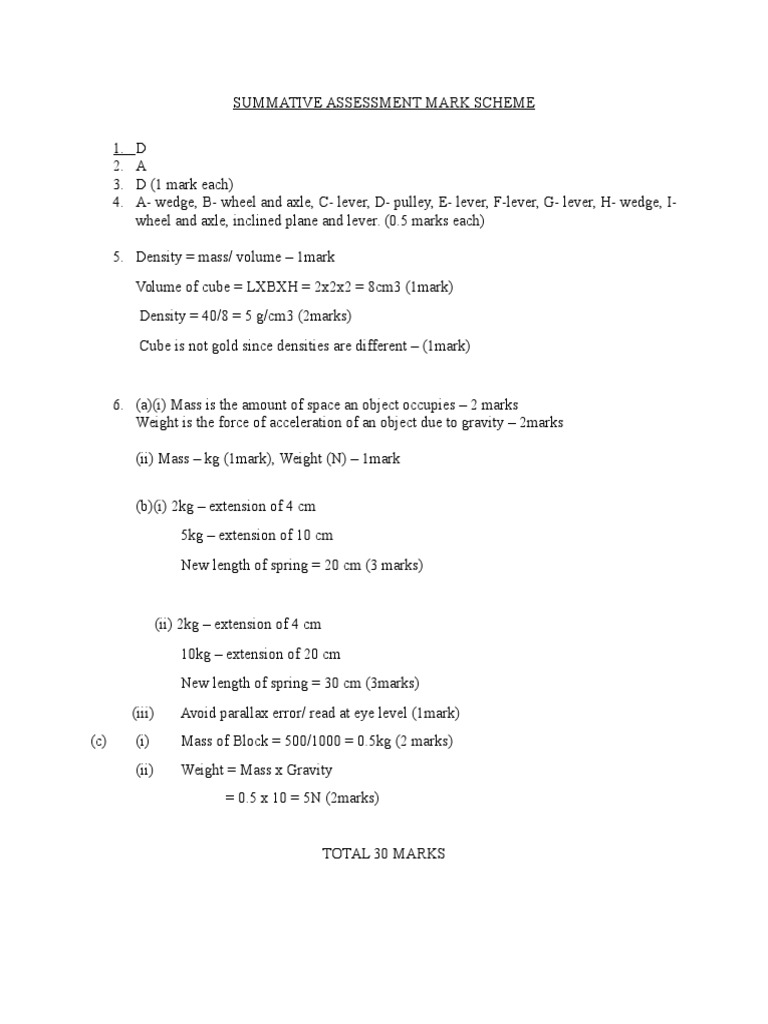 Summative Assessment Mark Scheme | PDF | Weight | Density