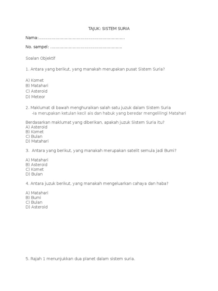 Soalan Sistem Suria | PDF