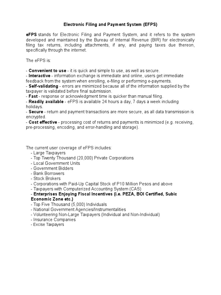 Electronic Filing and Payment System (EFPS) eFPS Stands For Electronic ...