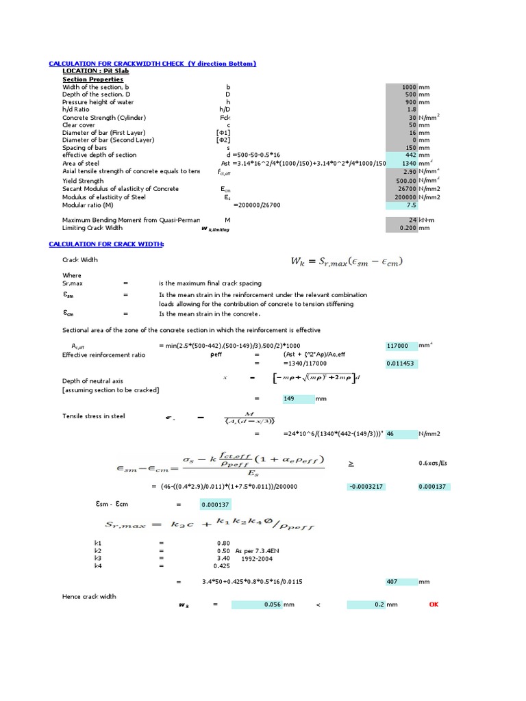 Location: Pit Slab Section Properties: Calculation For Crackwidth Check ...