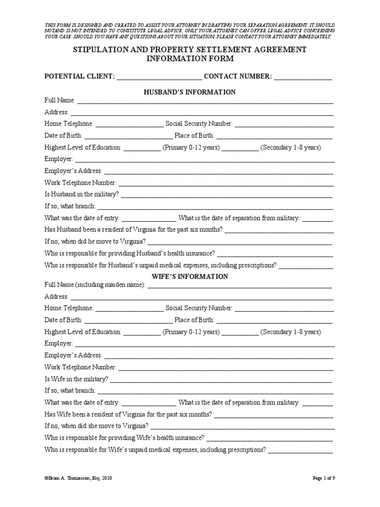 Psa Separation Agreement Worksheet | Marriage | Child Custody