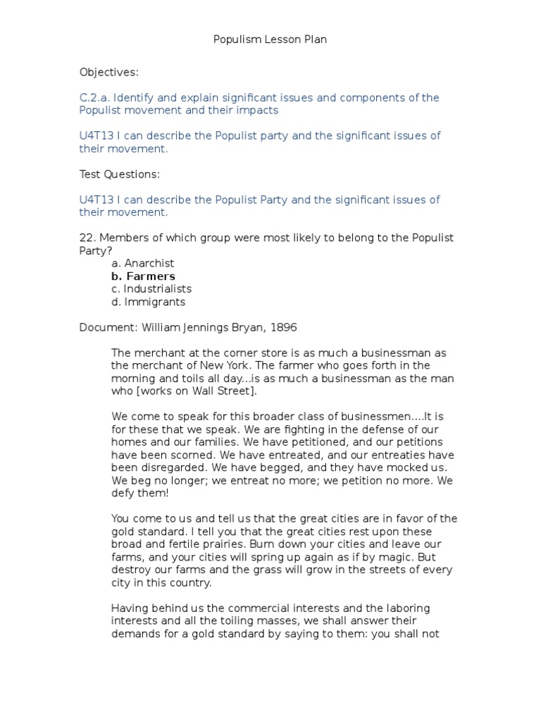 Populism Lesson Plan | PDF | People's Party (United States) | Currency