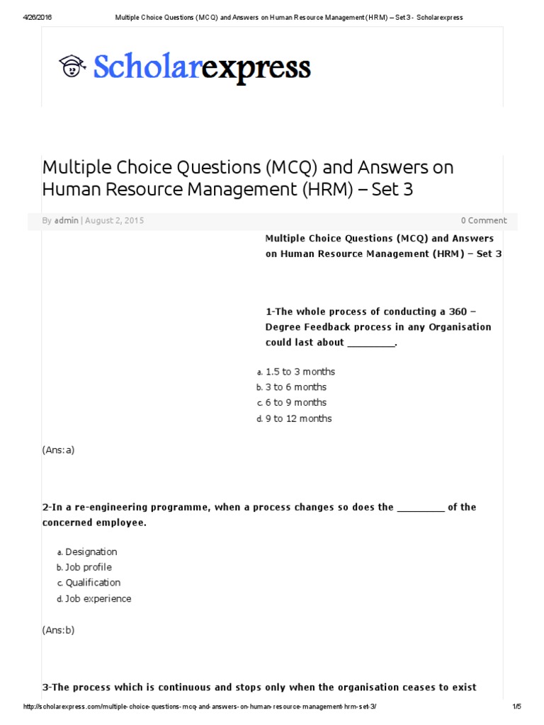 HRM MCQs and Answers - Set 3 | PDF | Employment | Labour Economics