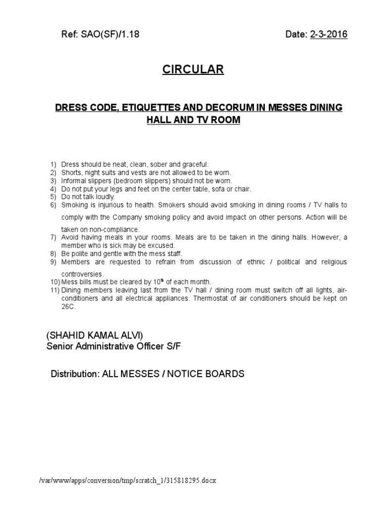 Circular: Dress Code, Etiquettes and Decorum in Messes Dining Hall and ...