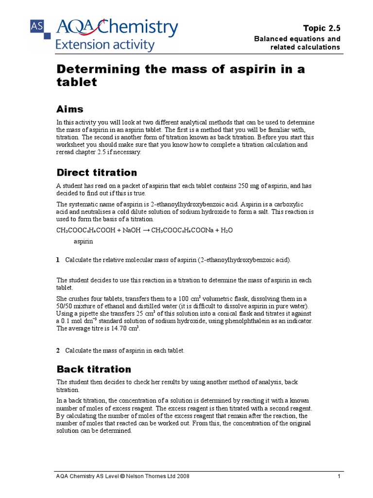 Amount of Substance Aspirin Calculation | PDF | Titration | Chemistry
