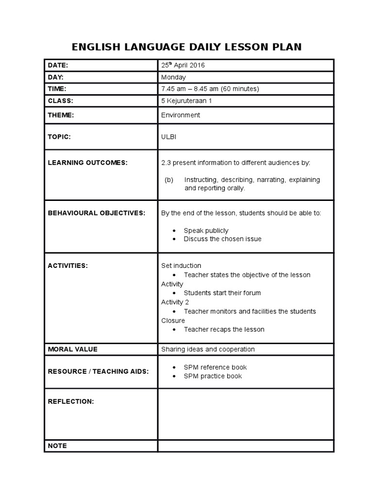 English Language Daily Lesson Plan: Date: Day: Time: Class: Theme | PDF ...