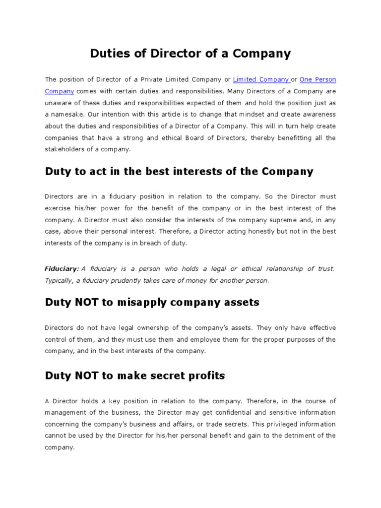 Duties of Director in A Company | PDF | Fiduciary | Board Of Directors
