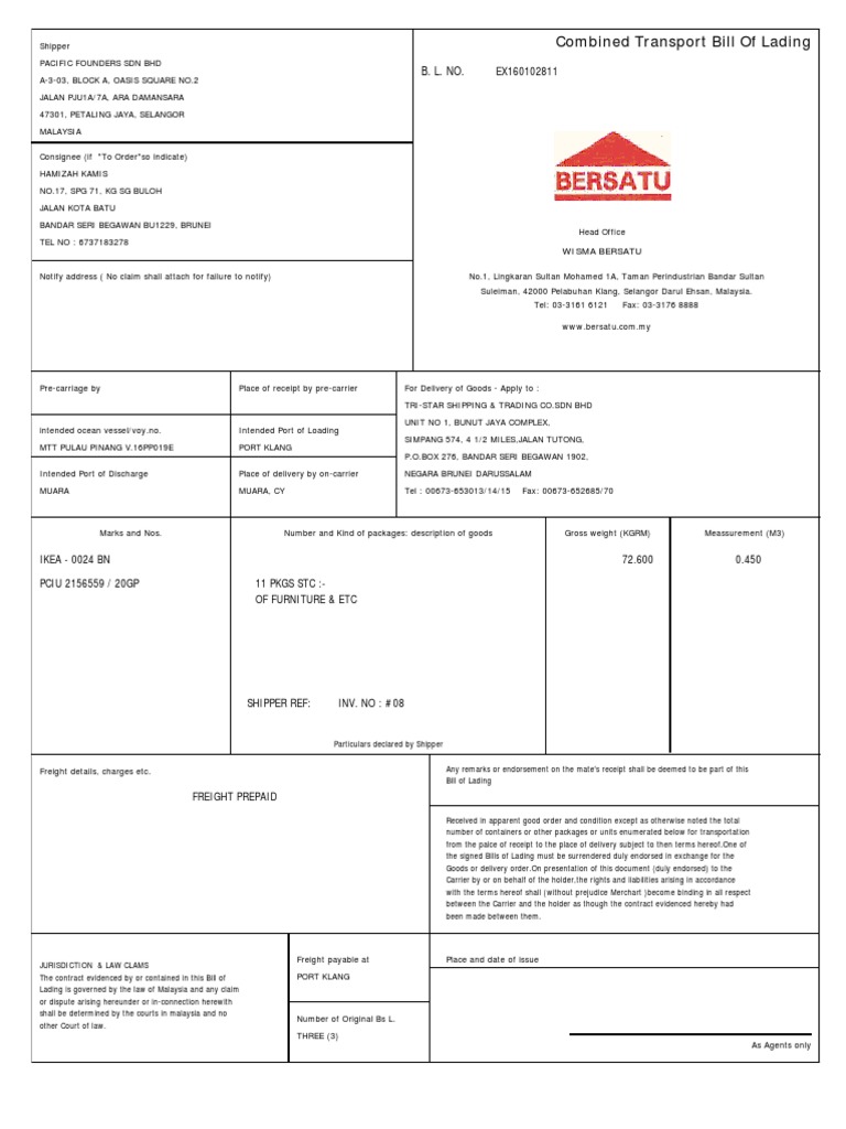 Combined Transport Bill of Lading: EX160102811 B. L. NO | PDF