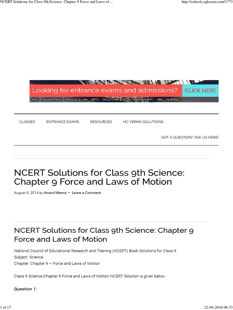 NCERT Solutions For Class 9th Science - Chapter 9 Force and Laws of ...