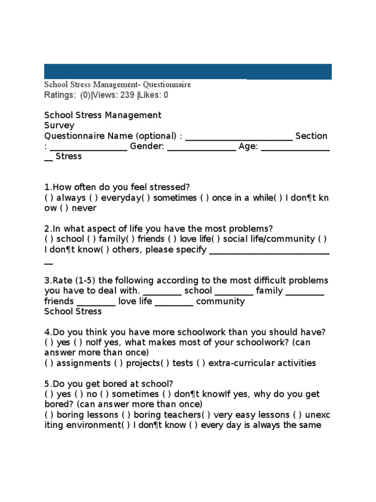 Managing School Stress: Insights from a Student Questionnaire | PDF ...