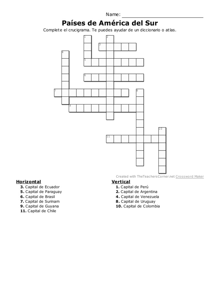 Países de América del Sur: Complete el crucigrama. Te puedes ayudar de ...