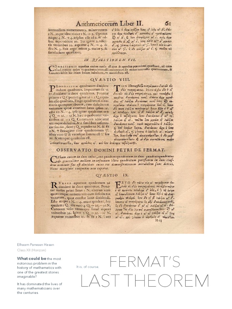 Fermat's Last Theorem Document | Fermat's Last Theorem | Number Theory