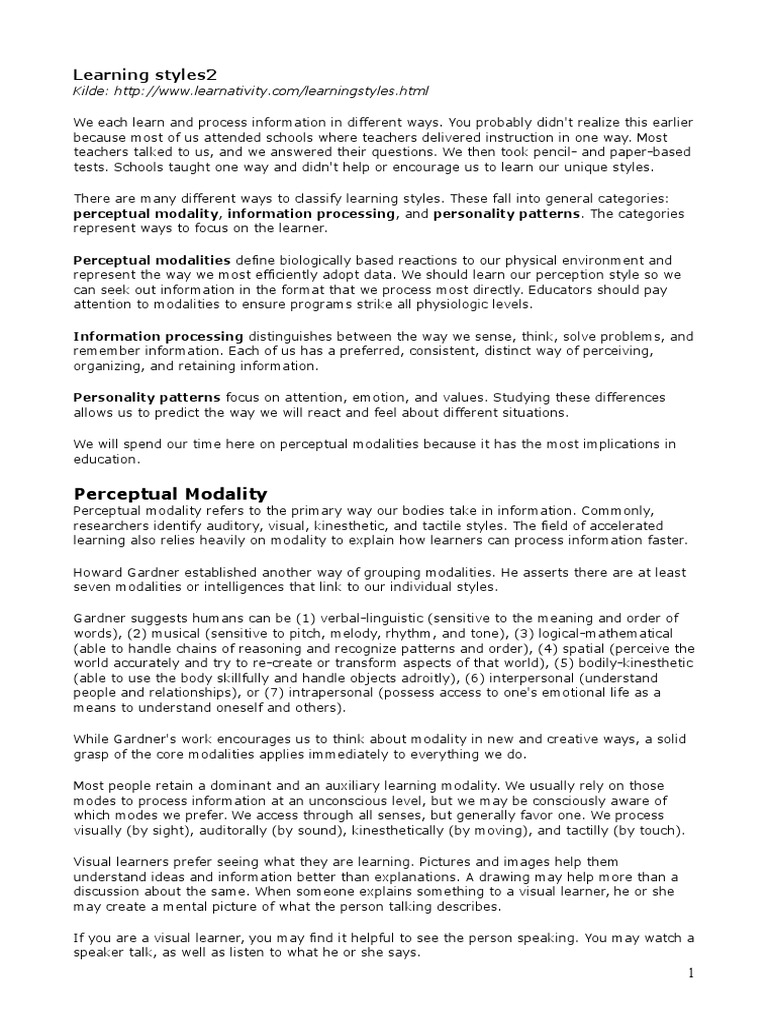 Learning Styles2: Perceptual Modality | PDF | Perception | Learning Styles