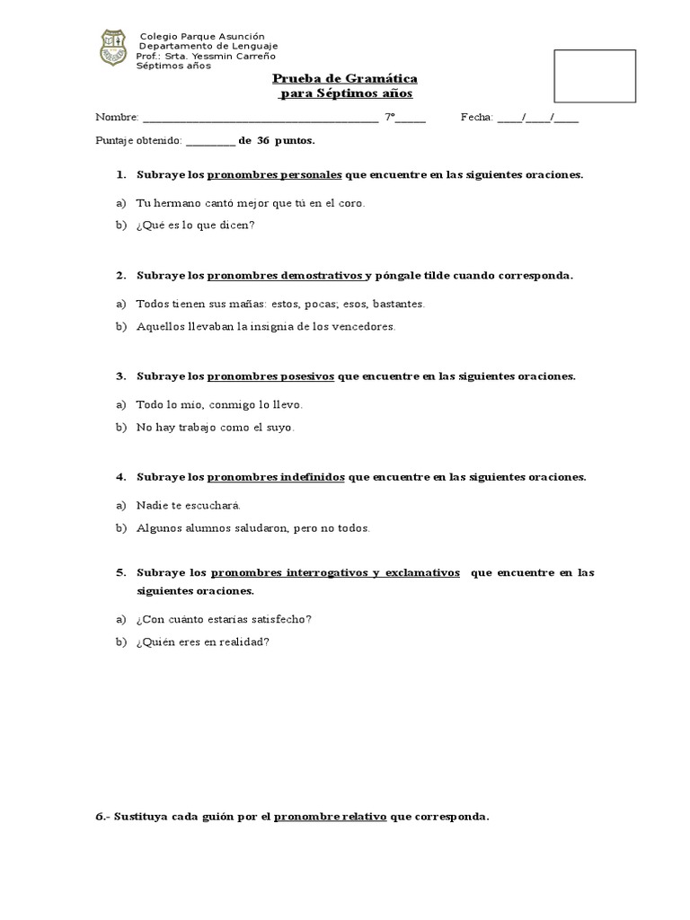 Prueba de Gramática Séptimo Grado | PDF | Poesía