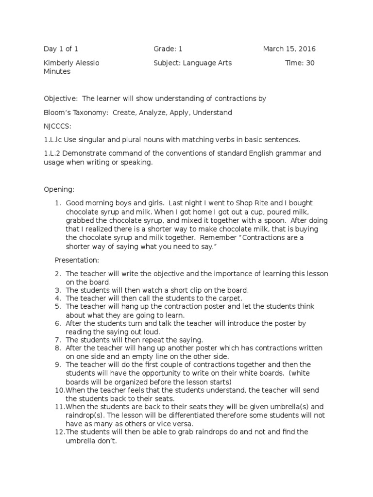 First Grade Lesson Plan Contractions | PDF | Language Arts & Discipline