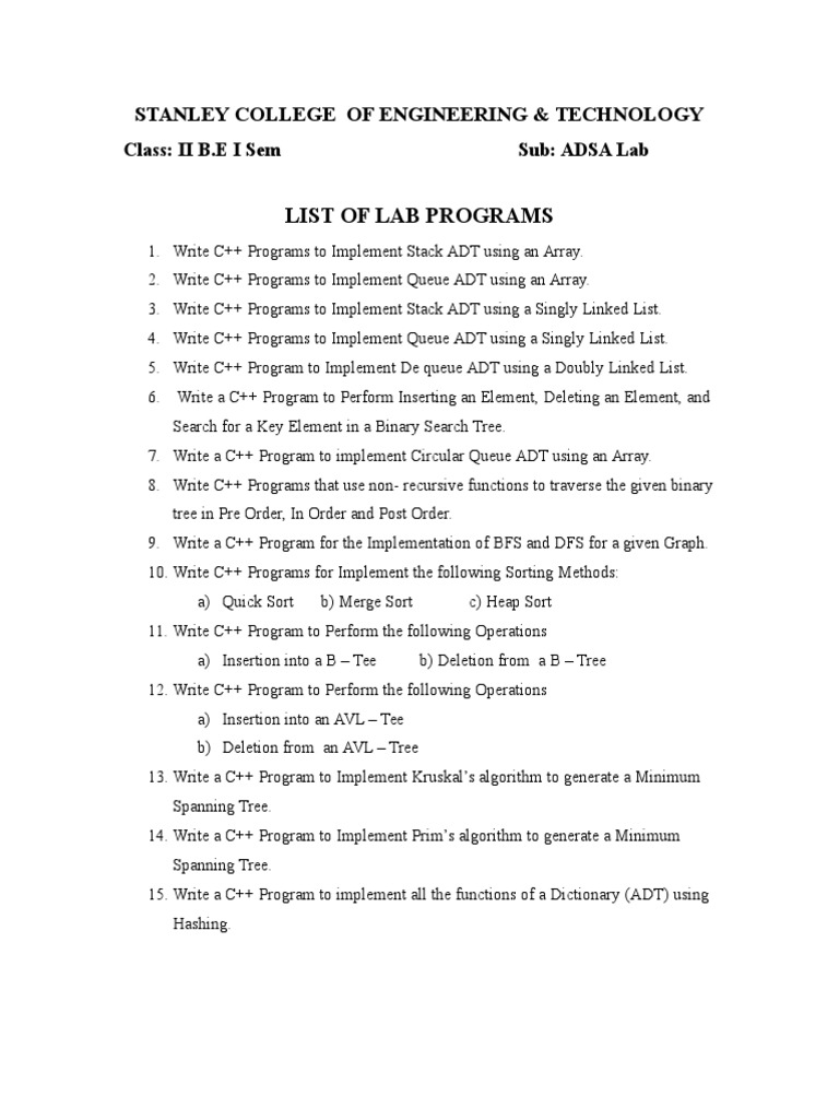 ADSA Lab Programs at Stanley College | PDF