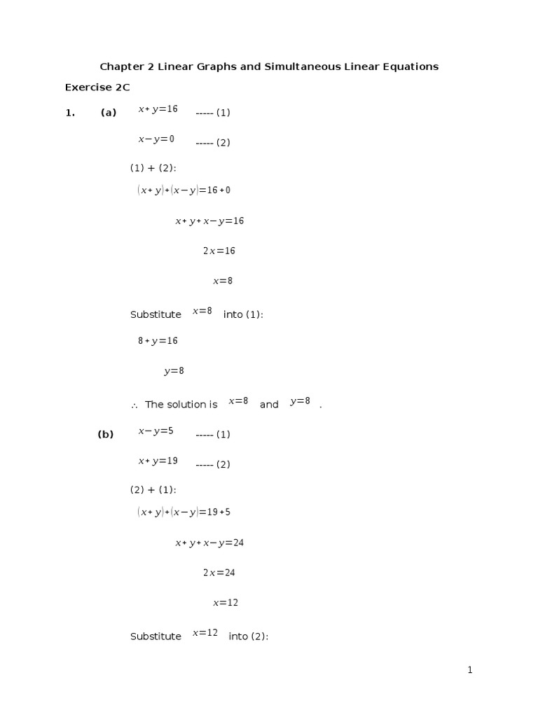 Chapter 2 Linear Graphs and Simultaneous Linear Equations Exercise 2C 1 ...