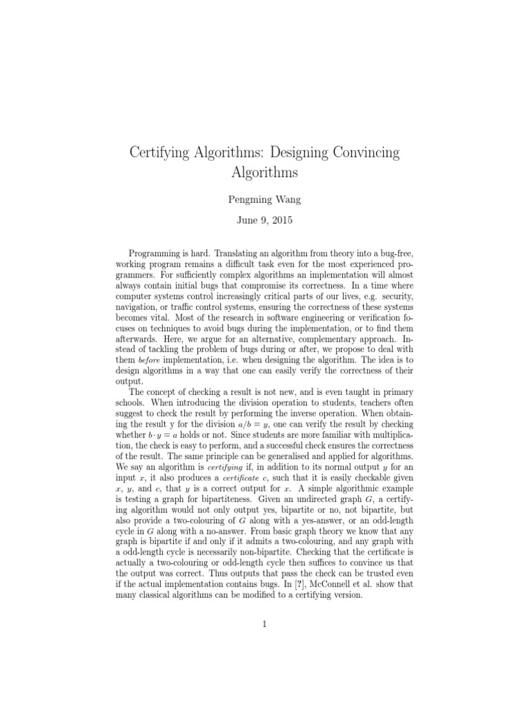 Certifying Algorithms Designing Convincing Algorithms Pengming Wang June 9 2015 Pdf