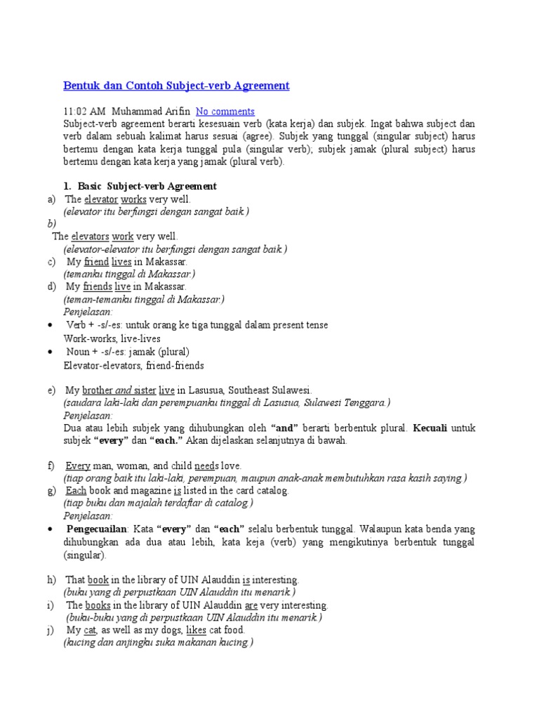 Bentuk Dan Contoh Subject Verb Agreement | PDF