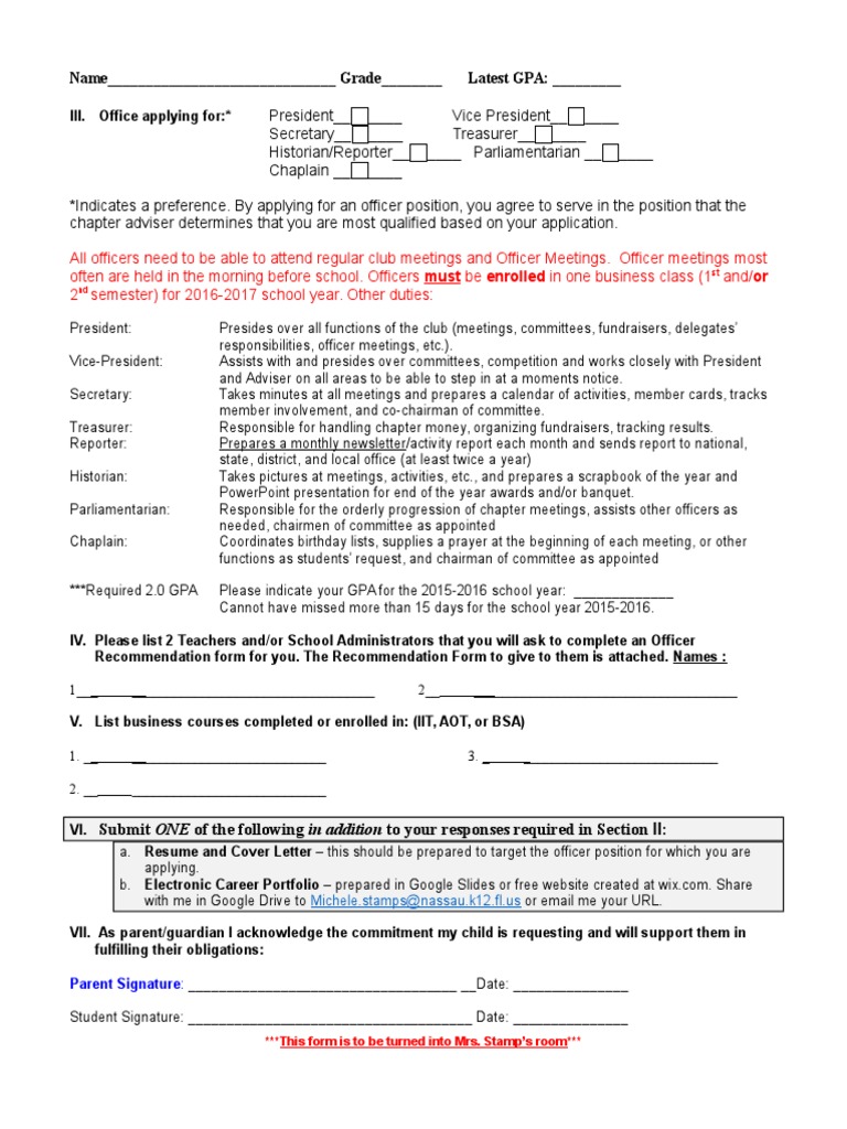 16-17 Fbla Officer Application | PDF | Secretary | Teachers