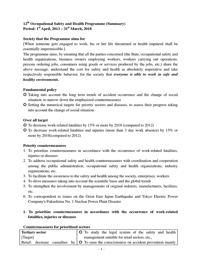 12th OSH Programme Summary | PDF | Occupational Safety And Health | Safety