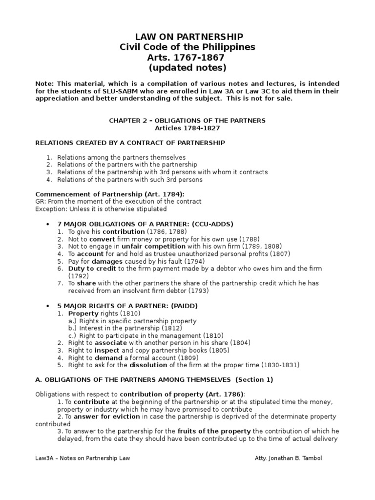 Law On Partnership Civil Code of The Philippines Arts. 1767-1867 ...