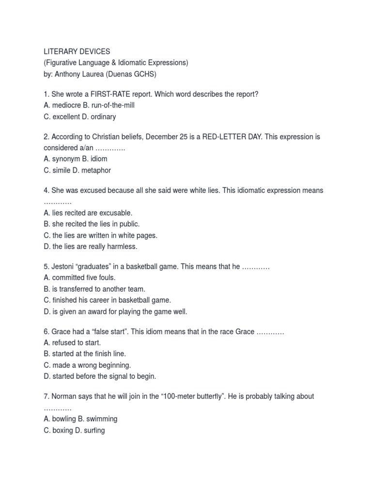 LITERARY DEVICES Sample Questions | PDF | Idiom | Languages