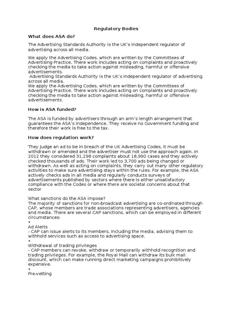 Regulatory Bodies What Does ASA Do? | PDF | Marketing Communications ...