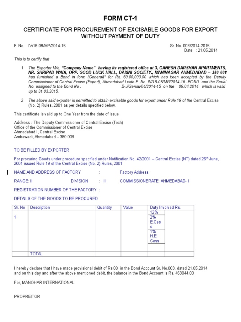 Form Ct-1: Certificate For Procurement of Excisable Goods For Export ...