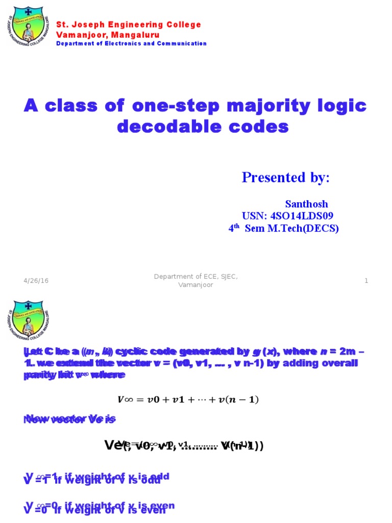A Class of One-Step Majority Logic Decodable Codes: Presented by | PDF | Mathematical Concepts ...