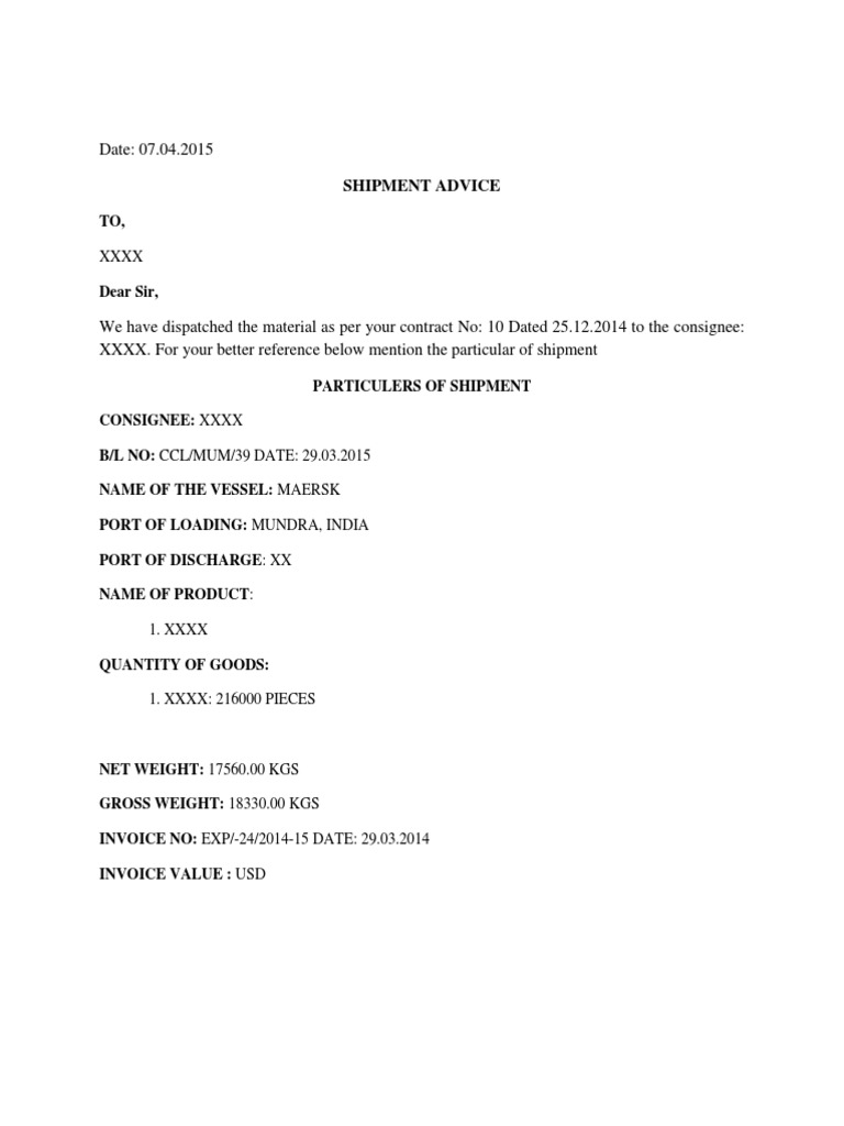 Shipment Advice Filled | PDF