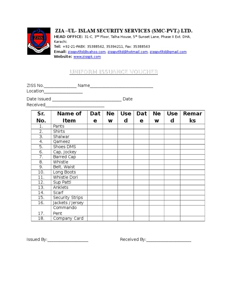 Zia - Ul-Islam Security Services (SMC-PVT.) LTD.: Uniform Issuance ...