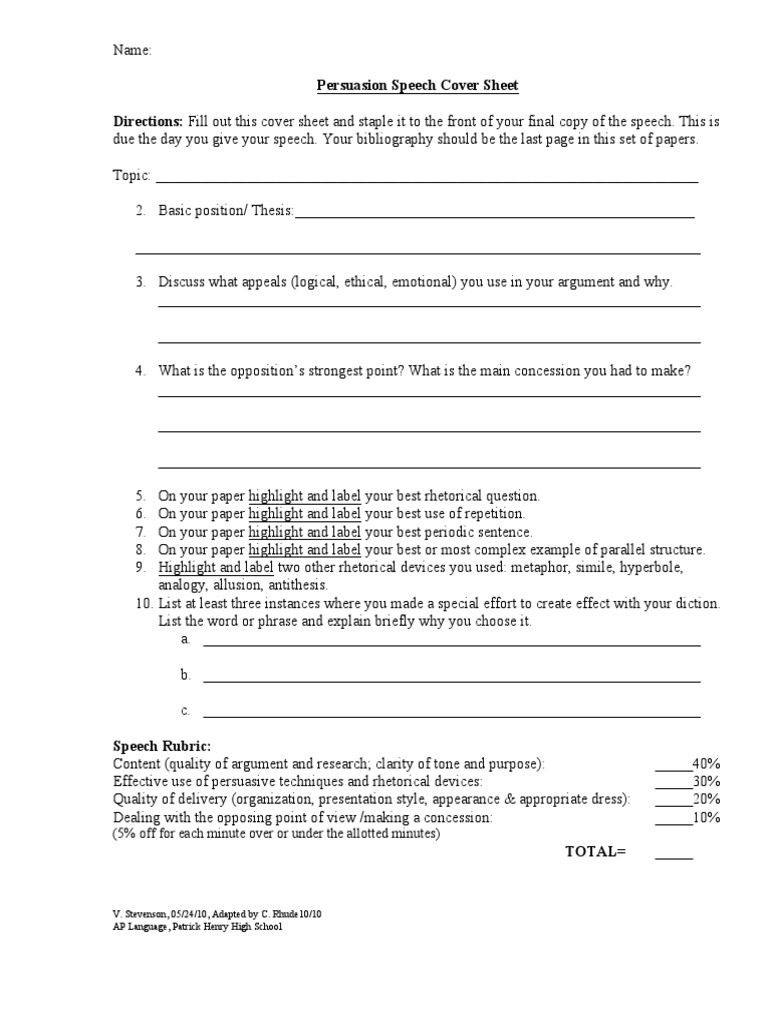 Persuasive Speech Cover Sheet | PDF