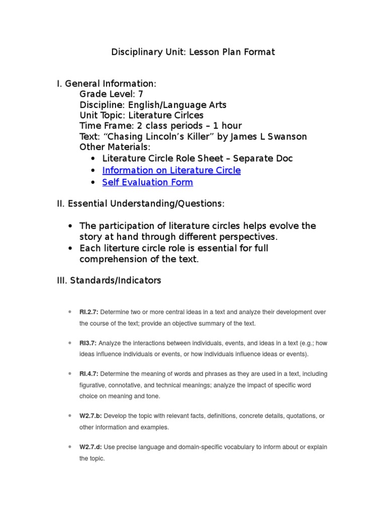 Lesson Plan - Literature Circle | PDF | Reading Comprehension | Evaluation