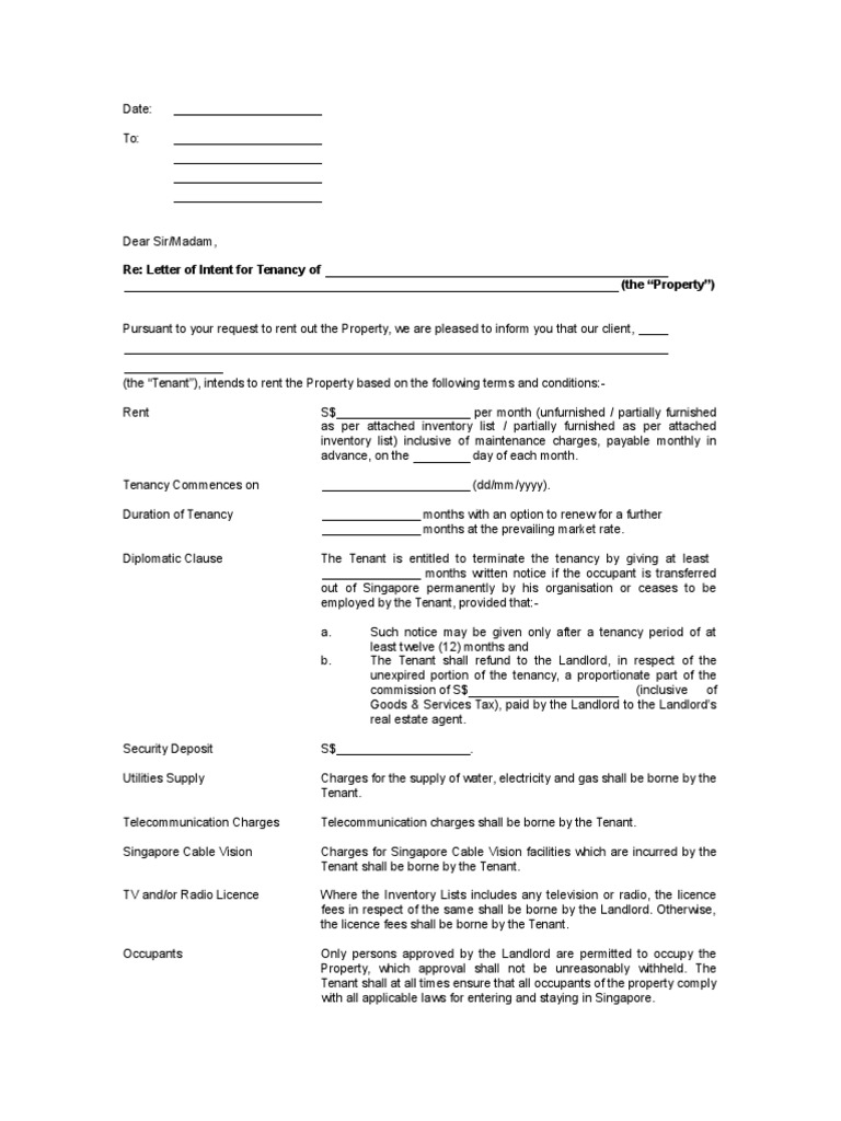 Sample Template Letter of Intent -Tenancy | Leasehold Estate | Landlord